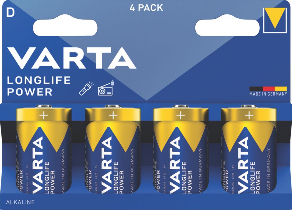 Pack de 4 piles alcalines Varta Longlife Power D 1,5V | Piles | Screwfix FR