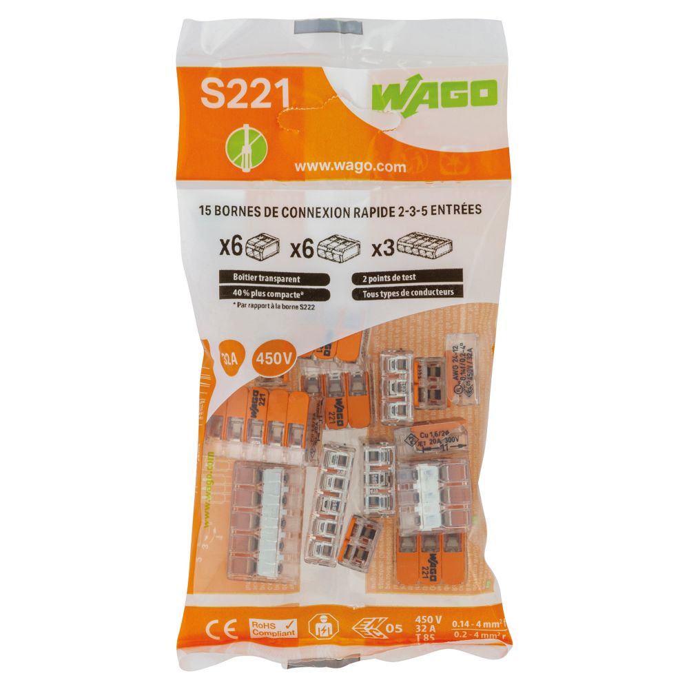 Connecteurs à levier 2/3 ou 5 entrées 32A Wago S221, lot de 15 | Connecteurs | Screwfix FR